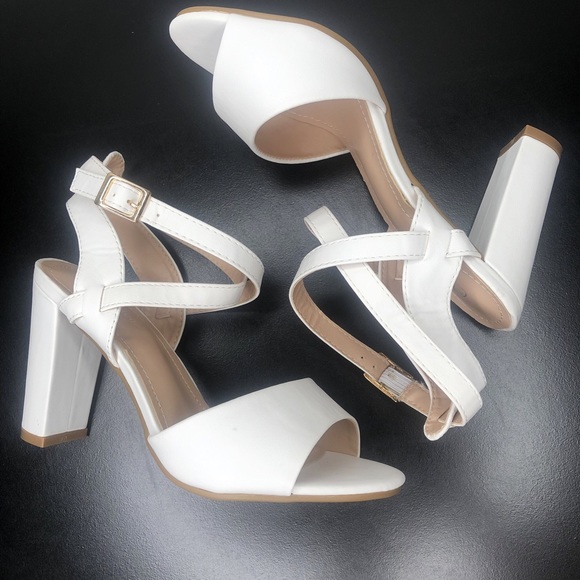 Shoes | White Open Toe Block Heel Sandal With Ankl | Poshmark